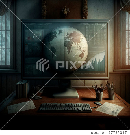 computer and screens with graphs in the office...のイラスト素材 [97732017] - PIXTA