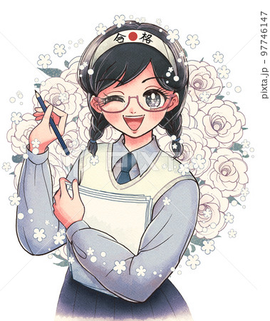 レトロかわいい少女まんが風・眼鏡の秀才受験生のイラストのイラスト素材 [97746147] - PIXTA