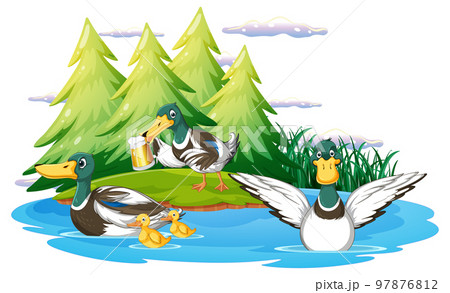 Happy duck group in nature sceneのイラスト素材 [97876812] - PIXTA