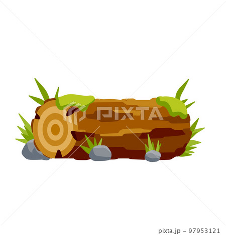 Vector brown log with green moss and stone.のイラスト素材 [97953121] - PIXTA