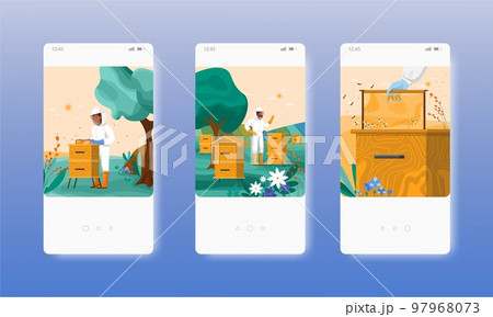 Honey harvest. Apiary farm. Beekeeper. Mobile...のイラスト素材 [97968073] - PIXTA