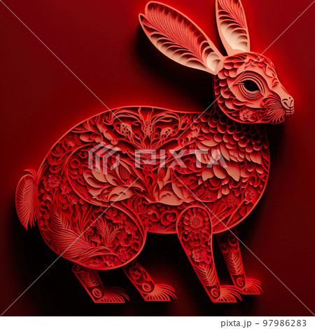 Red traditional chinese designs with rabbitsのイラスト素材 [97986283] - PIXTA