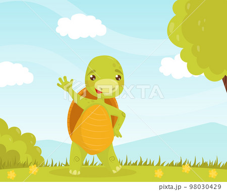 Cute turtle waving paw saying Hi. Funny smiling...のイラスト素材 [98030429 ...