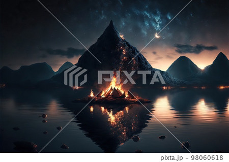 Mystical bonfires floating in lake at nightのイラスト素材 [98060618] - PIXTA
