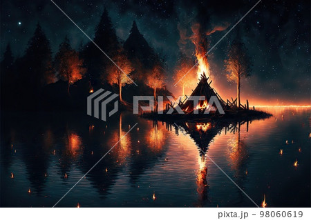 Mystical bonfires floating in lake at nightのイラスト素材 [98060619] - PIXTA