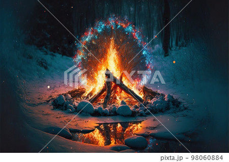 Magical colorful bonfire in winter natureのイラスト素材 [98060884] - PIXTA