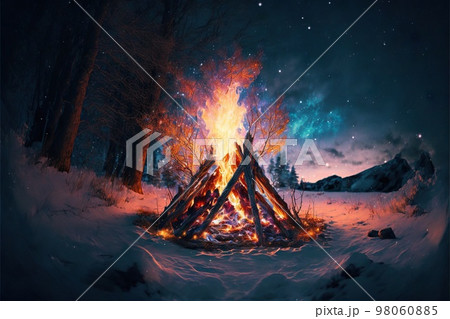 Magical colorful bonfire in winter natureのイラスト素材 [98060885] - PIXTA