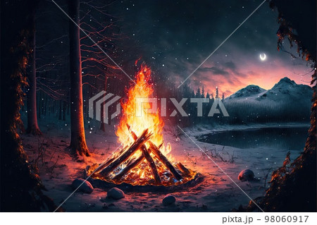 Magical colorful bonfire in winter natureのイラスト素材 [98060917] - PIXTA