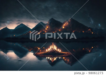 Mystical bonfires floating in lake at nightのイラスト素材 [98061273] - PIXTA