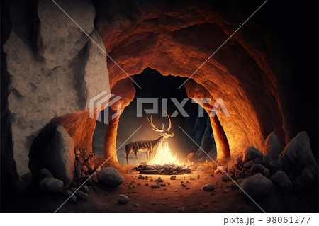 Bonfire and bones near stone age caveのイラスト素材 [98061277] - PIXTA