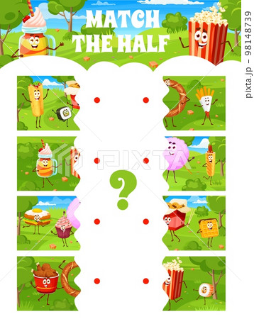 Match the half of cartoon fast food and...のイラスト素材 [98148739] - PIXTA