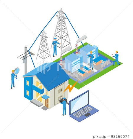 電力発電所から家庭への電気のイメージのイラスト素材 [98169074] - PIXTA