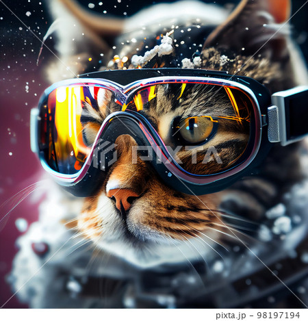 Cool cat in ski goggles rides a snowboard....のイラスト素材 [98197194] - PIXTA