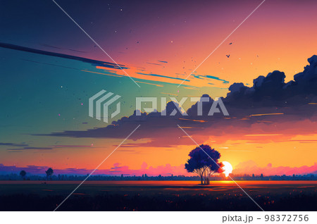Minimal beautiful sunset sky with vibrant color...のイラスト素材 [98372756 ...