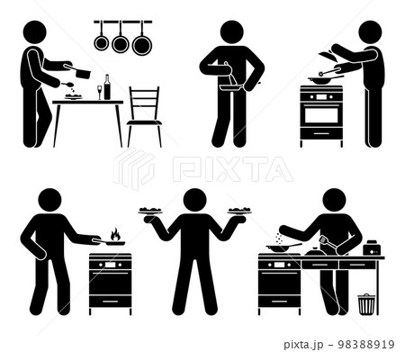 Stick figure man cooking at home kitchen vector...のイラスト素材 [98388919 ...