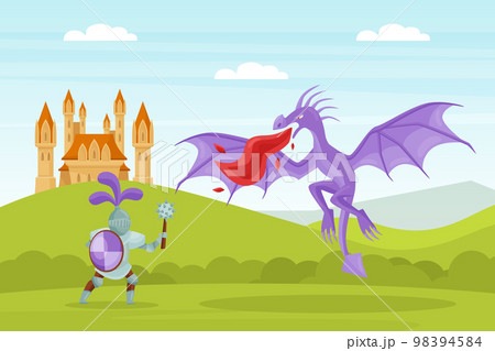 Brave Knight Fighting with Dragon Vector...のイラスト素材 [98394584] - PIXTA