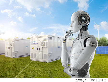 Robot work with energy storage system and solar...のイラスト素材 [98428910 ...