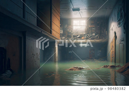 Flooded with water destroyed abandoned basement...のイラスト素材 [98480382 ...