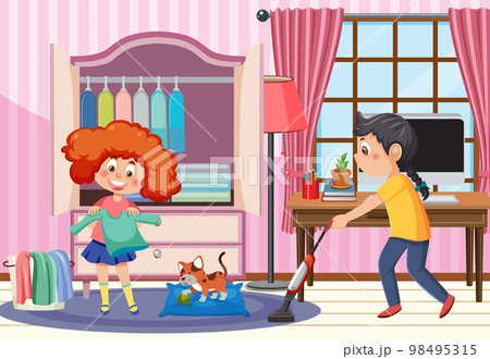 Animated Room Clean Female Women Housekeeper Housewife With A Vacuum