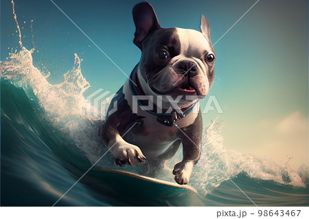 french bulldog, floating on a surfboard in the...のイラスト素材 [98643467] - PIXTA