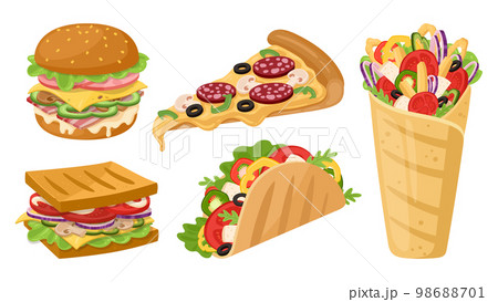 Cartoon takeaway fast food. Pizza, burger,...のイラスト素材 [98688701] - PIXTA