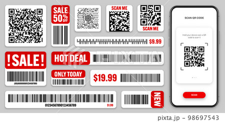 Product barcodes and QR codes. Smartphone...のイラスト素材 [98697543] - PIXTA