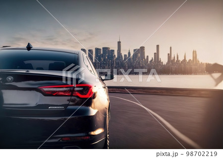 Back view of generic sedan car driving on road...のイラスト素材 [98702219] - PIXTA
