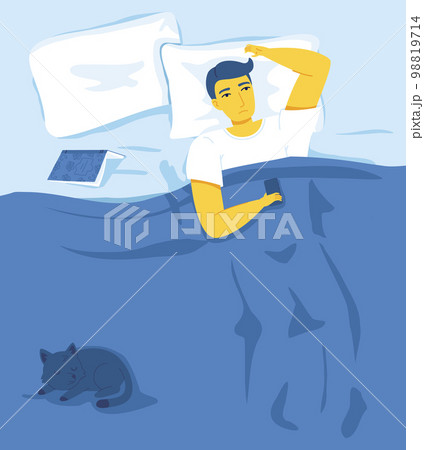 Yellow man suffering from insomnia in blue bed....のイラスト素材 [98819714 ...