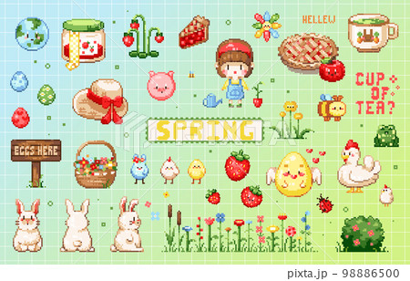 Spring pixel art set. 8 bit elements of spring...のイラスト素材 [98886500] - PIXTA