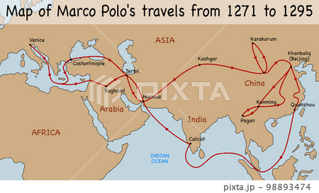 Map of Marco Polo's travels from 1271 to 1295のイラスト素材 [98893474] - PIXTA
