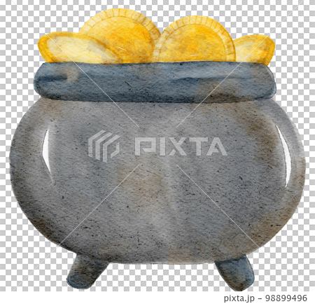 watercolour cauldron pot of gold coins cartoon... - Stock Illustration ...
