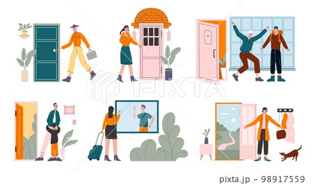 People return home. Men and women enter doors....のイラスト素材 [98917559] - PIXTA