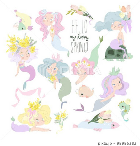 Cartoon Set with Cute Mermaids and Spring Flowersのイラスト素材 [98986382] - PIXTA