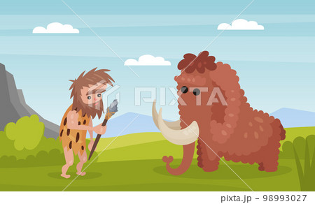 Prehistoric man dressed in animal skin fighting...のイラスト素材 [98993027 ...