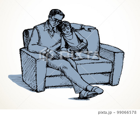 Vector drawing. Father reading a book with his...のイラスト素材 [99066578] - PIXTA