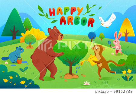 Cute animals planting on Arbor Dayのイラスト素材 [99152738] - PIXTA