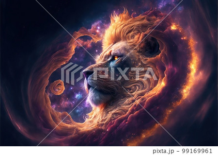 最大4Kサイズ以上、宇宙とライオンをモチーフにした幻想的なイラストのイラスト素材 [99169961] - PIXTA