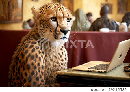 portrait of cheetah work at laptop in cafe,...のイラスト素材 [99216585] - PIXTA