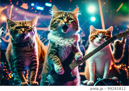 Cats as rock stars playing guitar at concert...のイラスト素材 [99283812] - PIXTA