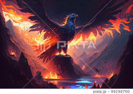 Raise of burning bird phoenix in the volcanic...のイラスト素材 [99298700] - PIXTA