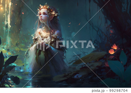 Beautiful young fairytale nymph girl in natural...のイラスト素材 [99298704 ...