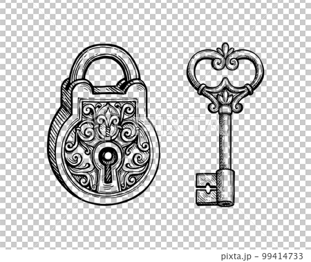 Vintage Lock And Key Drawing Set Of Hand Drawn Antique Keys. Sketch