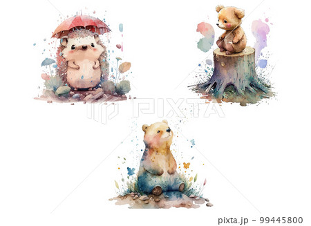 Hedgehog and bears in watercolor style....のイラスト素材 [99445800] - PIXTA