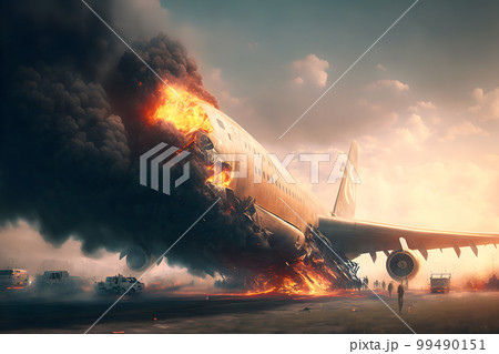 Burning airplane on fire accident in...のイラスト素材 [99490151] - PIXTA
