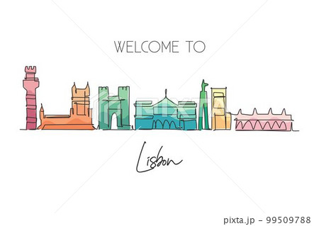 One single line drawing of Lisbon city skyline,...のイラスト素材 [99509788 ...