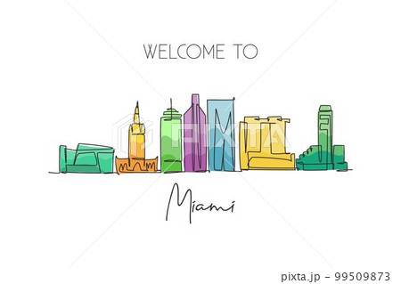 One single line drawing Miami city skyline,...のイラスト素材 [99509873] - PIXTA