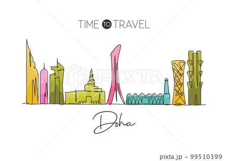 One single line drawing of Doha city skyline,...のイラスト素材 [99510399] - PIXTA