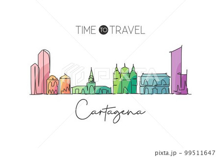 One single line drawing Cartagena city skyline,...のイラスト素材 [99511647 ...