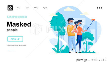 Masked people web concept. Couple in protective...のイラスト素材 [99657540 ...