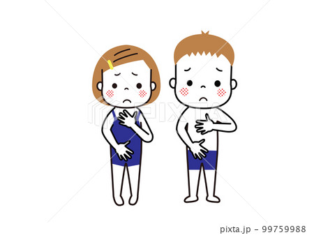 スクール水着 水着を恥ずかしがって体を隠している女の子と男の子のイラスト素材 [99759988] - PIXTA